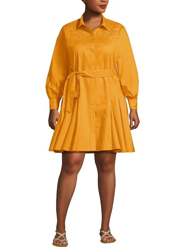 LANDS' END Poplin Button-front Shirred Dress With Godets - Sweet Mango