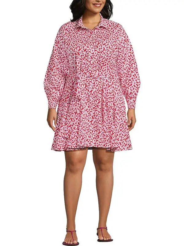 LANDS' END Poplin Button-front Shirred Dress With Godets - White/coral Red Painted Posies
