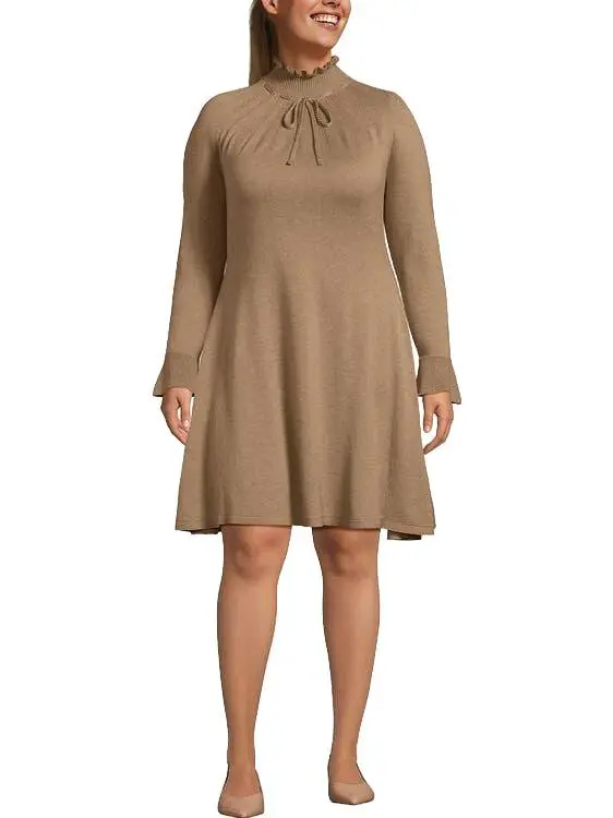LANDS' END Fine Gauge Cotton Fit And Flare Sweater Dress - Vicuna Heather