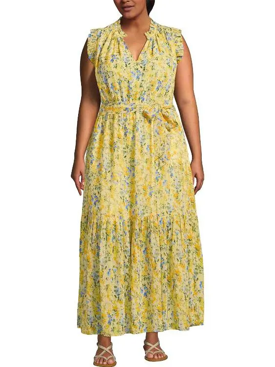 LANDS' END Chiffon Maxi Dress With Ruffle Detail - Golden Candle Light Floral
