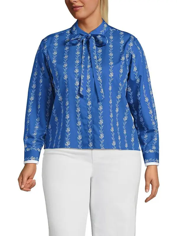 LANDS' END Carefree Cotton Shirt With Removable Bow - Muted Cobalt Floral Stripes