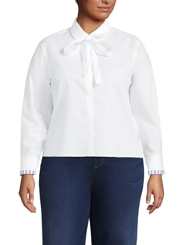 LANDS' END Carefree Cotton Shirt With Removable Bow - White