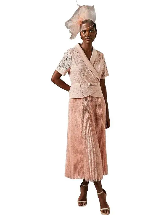 Coast Lace Jacket Pleated Midi Dress - Blush
