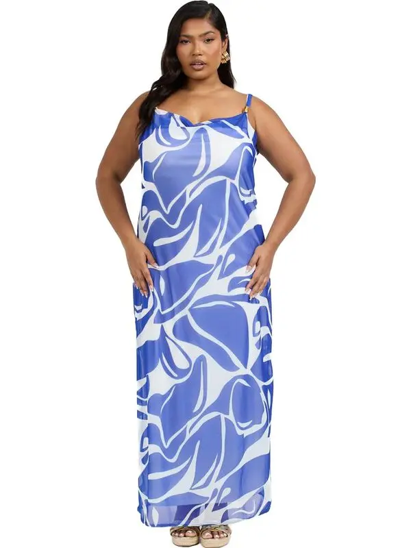 FASHION-SZN CURVE Printed Mesh Maxi Dress - Blue