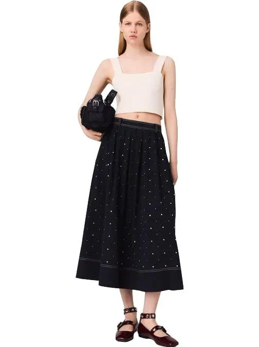 Maje Studded Flared Cotton Skirt - Navy