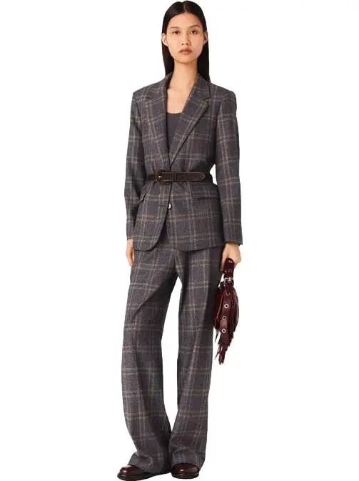 Maje Checkered Belted Suit Jacket - Grey