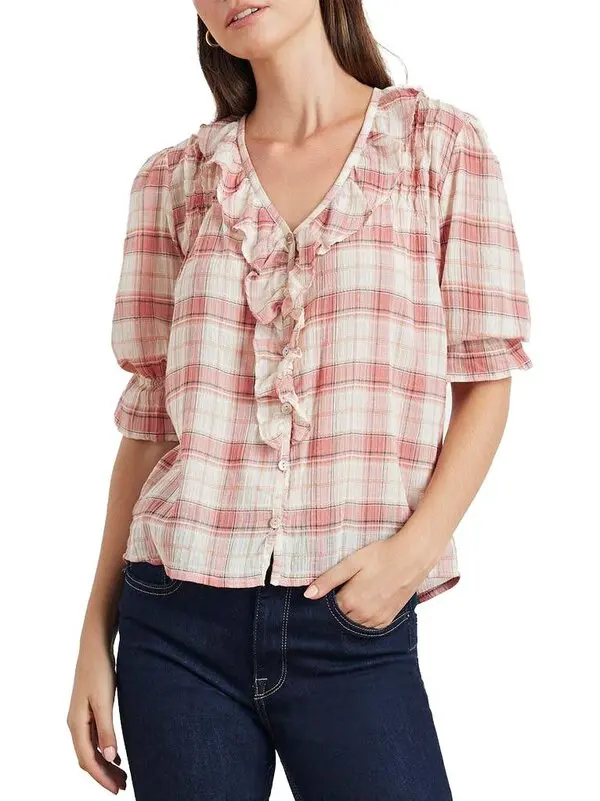 PANEROS CLOTHING Chloe Cotton Ruffle Shirt - Clay Plaid