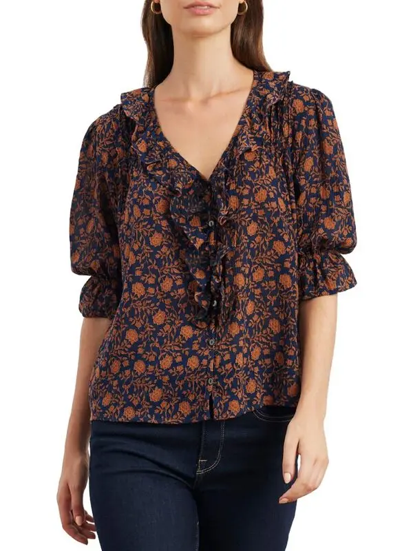 PANEROS CLOTHING Chloe Cotton Ruffle Shirt - Navy Batik