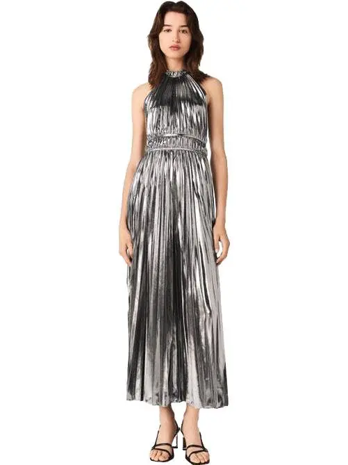 Maje Pleated Lamé Maxi Dress - Silver