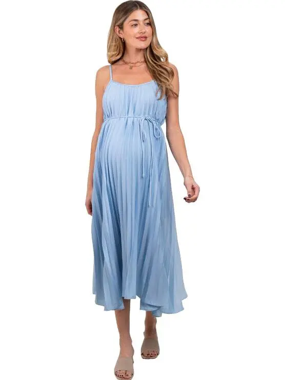 PINKBLUSH Pleated Sash Tie Maternity Midi Dress - Light Blue