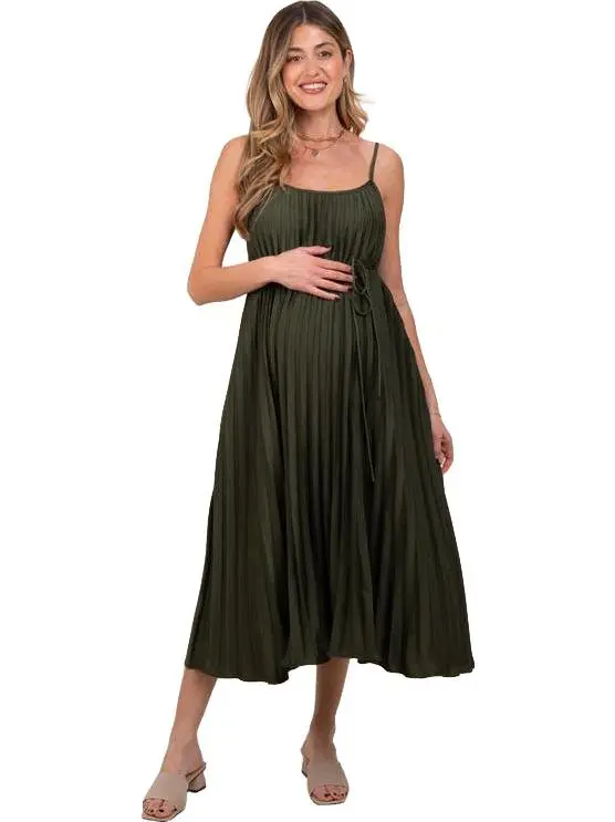 PINKBLUSH Pleated Sash Tie Maternity Midi Dress - Olive Green