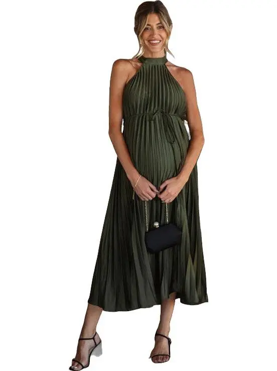 PINKBLUSH Pleated Halter Dress - Forest Green