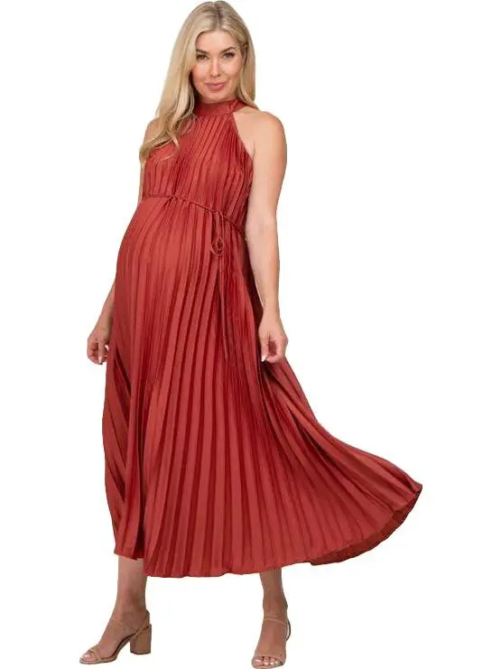 PINKBLUSH Pleated Halter Dress - Rust