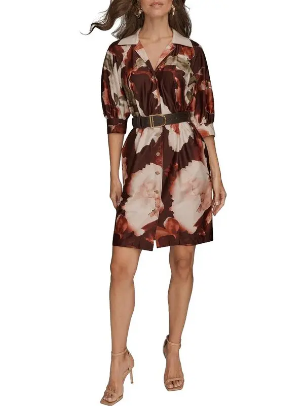 Donna Karan New York Floral Print Belted Shirt Dress - Oxblood Multi