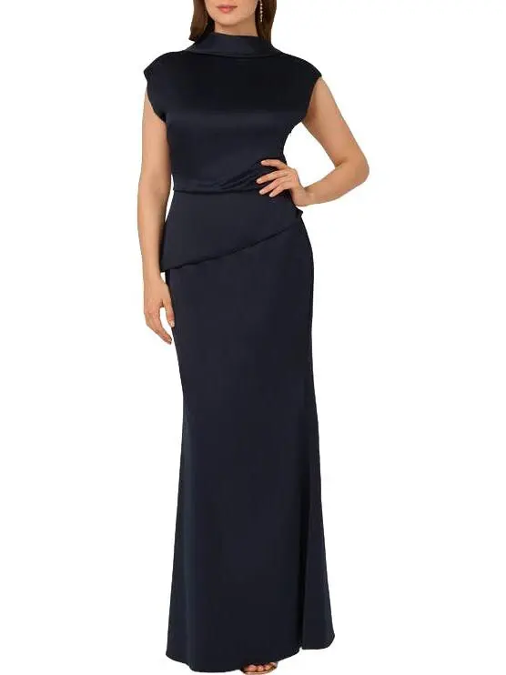 Adrianna Papell Popover Satin Crepe Gown - Dark Navy