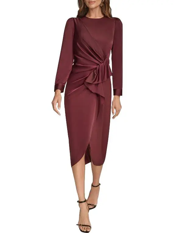 Donna Karan New York Long Sleeve Satin Faux Wrap Dress - Berry