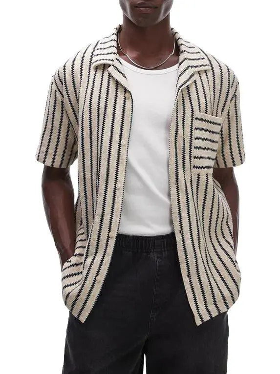 Topman Stripe Knit Camp Shirt - Stone