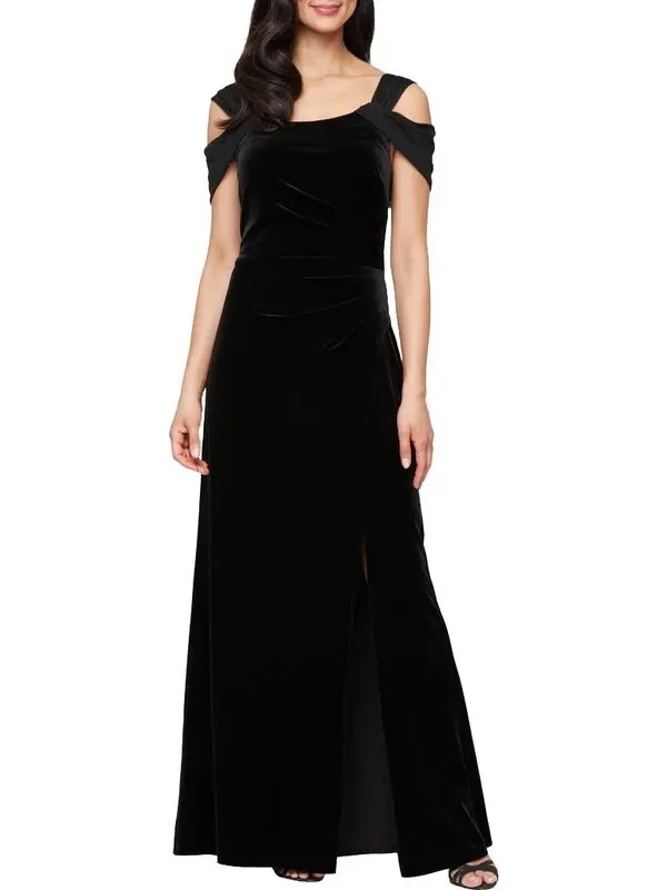Alex Evenings Cold Shoulder Velvet Gown - Black