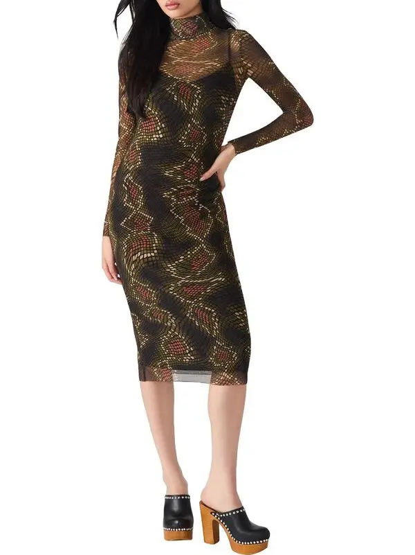 Steve Madden Vivienne Snake Print Mesh Midi Dress - Fossil Brown