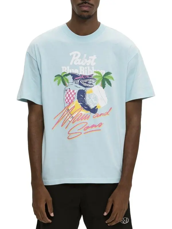MAUI & SONS X Pabst Blue Ribbon Shark Graphic T-shirt - Light Blue