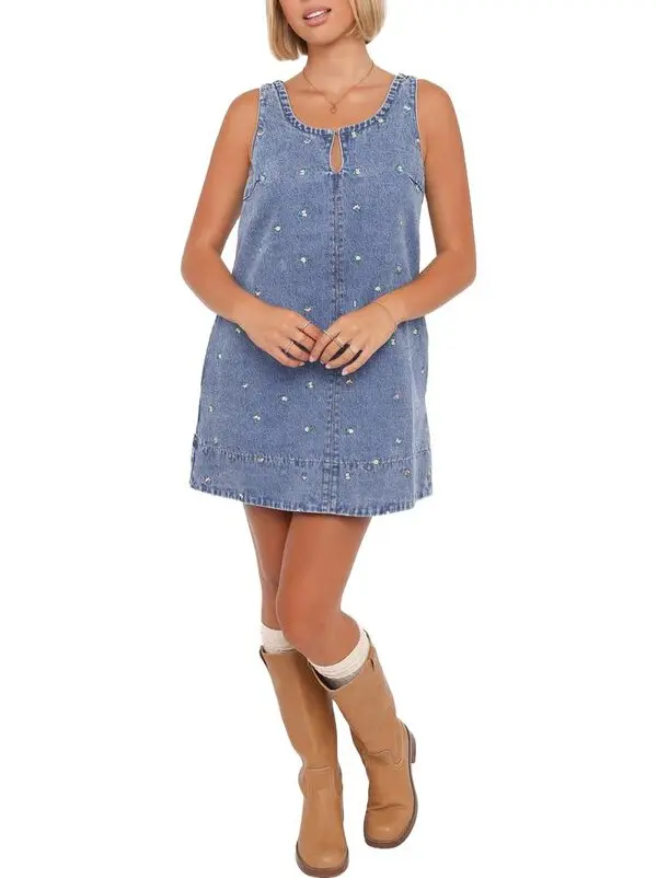 PETAL & PUP Vesper Sleeveless Cotton Minidress - Embroidered Denim