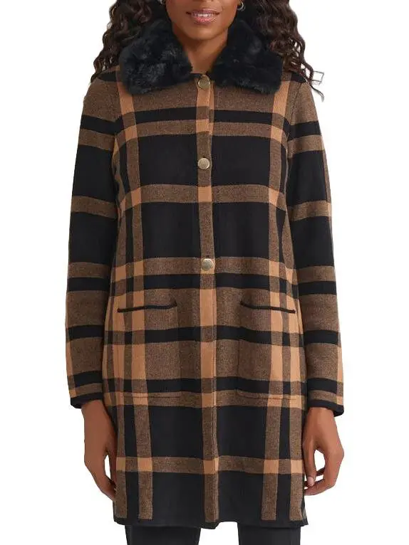 KASPER Plaid Coat With Faux Fur Collar - Black/dark Camel