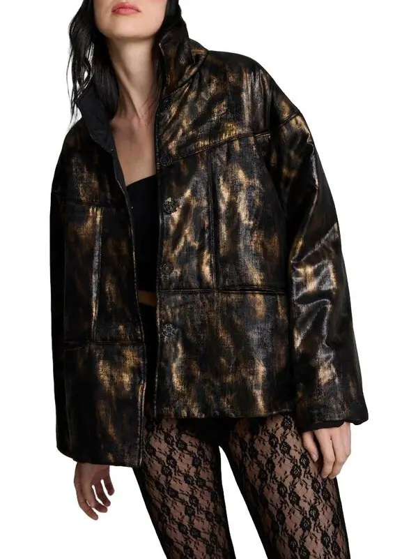 KENNETH COLE Animal Print Foiled Satin Puffer Jacket - Black/marsh Brown