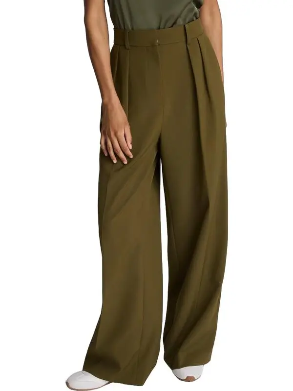 KENNETH COLE Double Pleat Wide Leg Trousers - Olive Green