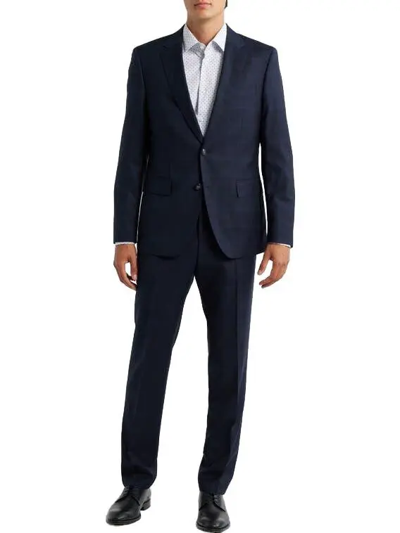 BOSS Huge Slim Fit Windowpane Check Navy Wool Suit - Dark Blue