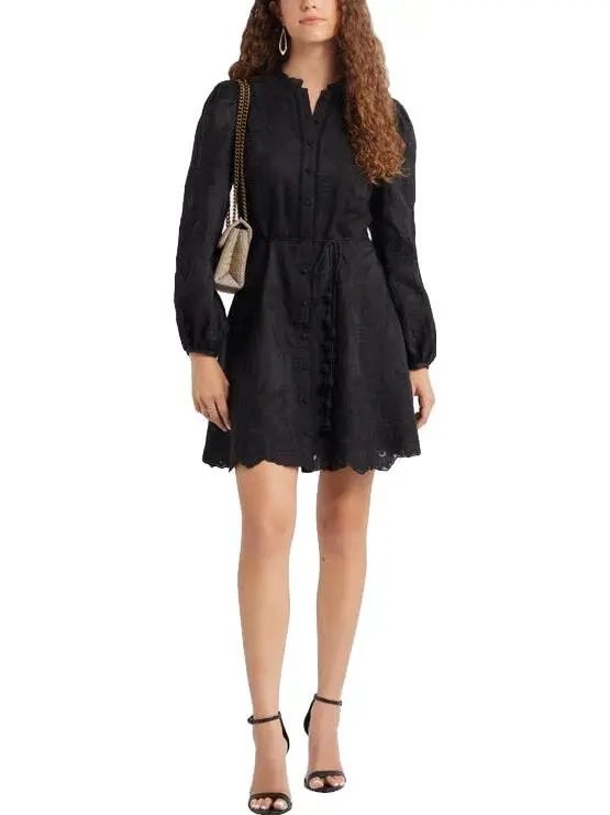 Chelsea28 Ruffle Collar Embroidered Long Sleeve Dress - Black