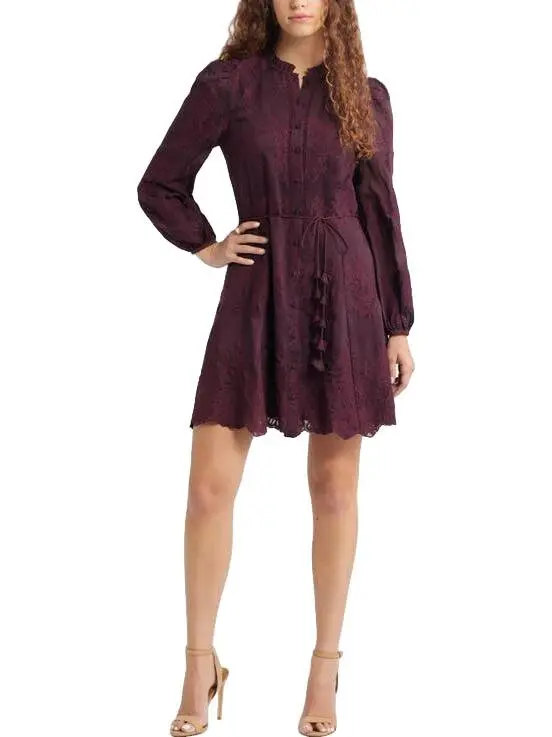 Chelsea28 Ruffle Collar Embroidered Long Sleeve Dress - Burgundy Royale