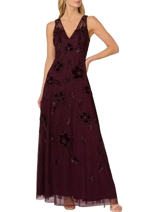 Adrianna Papell Beaded Floral Velvet A-line Gown - Night Plum
