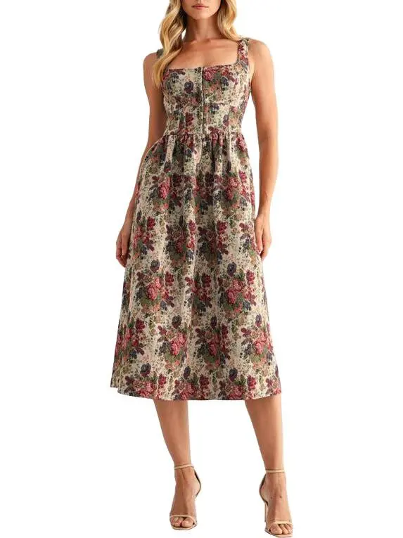 QUINCY MAE Tapestry Corset Fit & Flare Midi Dress - Taupe Multi