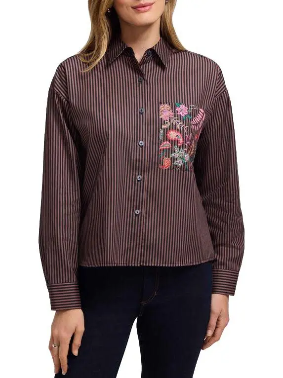 Foxcroft Marina Contrast Pocket Stripe Button-up Shirt - Brown Multi