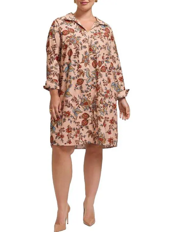 Foxcroft Agnes Autumn Leaf Print Corduroy Belted Dress - Camel Multi