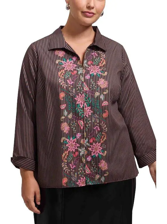 Foxcroft Agnes Floral Stripe Cotton Poplin Popover Top - Brown Multi