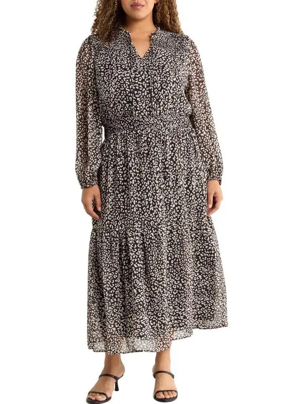 GIBSONLOOK Printed Smocked Long Sleeve Maxi Dress - Black Dune Cheetah