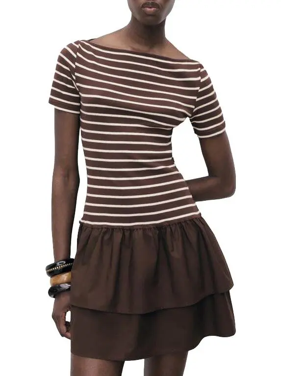 Mango Striped Ruffle Hem Dress - Brown