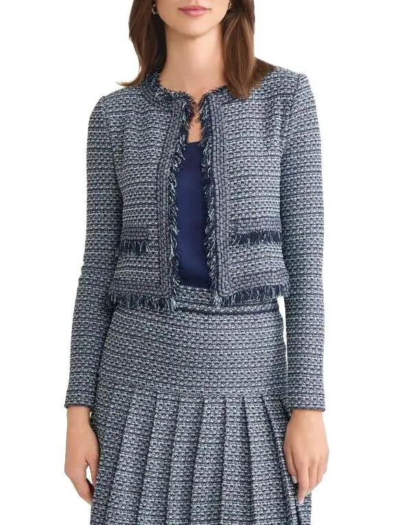 Misook Fringe Trim Tweed Jacket - Moonlit Navy/blue Frost/black