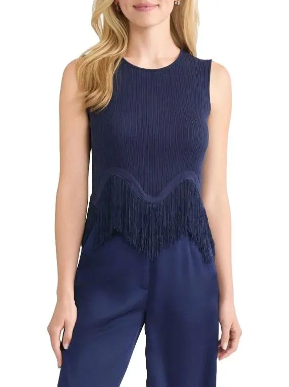 Misook Fringe Trim Knit Sleeveless Top - Moonlit Navy