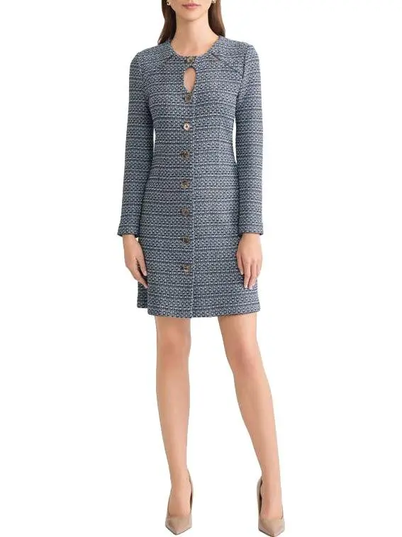 Misook Keyhole Cutout Tweed Knit Minidress - Moonlit Navy/blue Frost/black