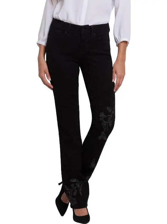NYDJ Marilyn Floral Embroidered Straight Leg Jeans - Black Rinse
