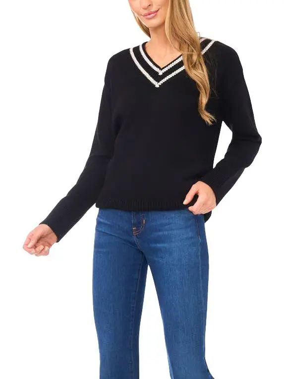 Halogen Contrast V-neck Sweater - Rich Black