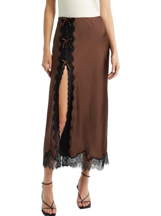 LoveShackFancy Calder Lace Trim Satin Midi Skirt - Chocolate Brown