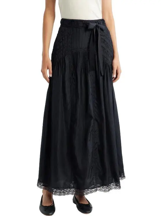 LoveShackFancy Beloria Lace Trim Silk Maxi Skirt - Black