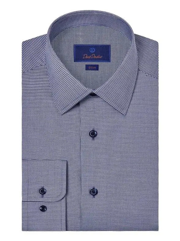 David Donahue Slim Fit Micro Houndstrooth Stretch Cotton Twill Dress Shirt - Navy