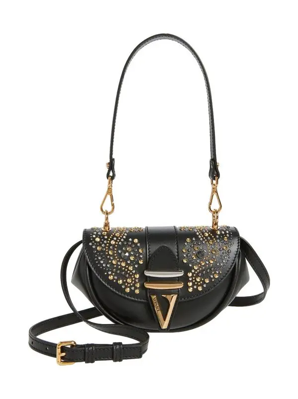 Versace Virtus Leather Shoulder Bag - Black Gold Palladium