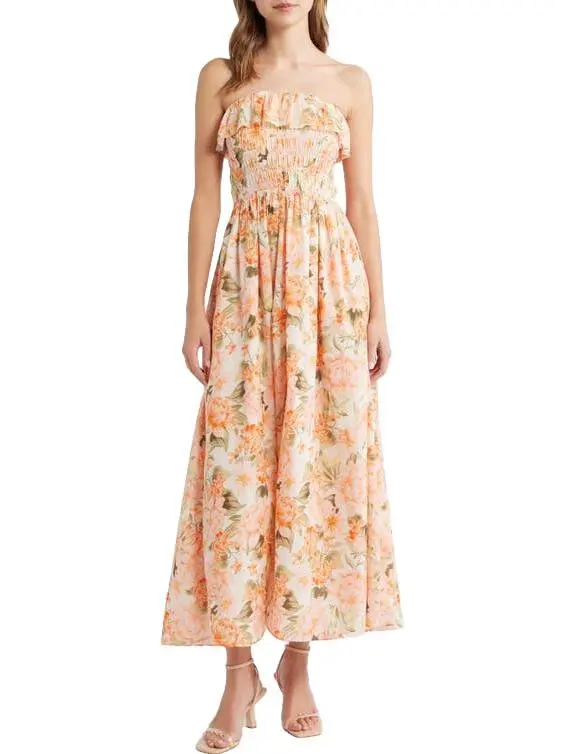 FRIENDS LIKE THESE Floral Print Shirred Maxi Dress - Orange