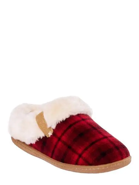 Minnetonka Camp Collar Faux Fur Scuff Slipper - Red Plaid