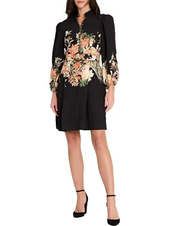 TAHARI ASL Border Belted Puff Shoulder Dress - Black Multi